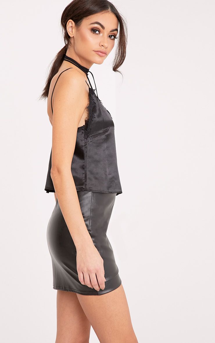 Addilyn Black Lace Trim Satin Cami Top Tops Prettylittlething