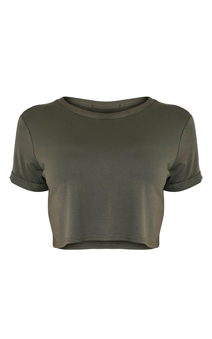 Basic Khaki Roll Sleeve Crop T Shirt - Tops - PrettylittleThing ...