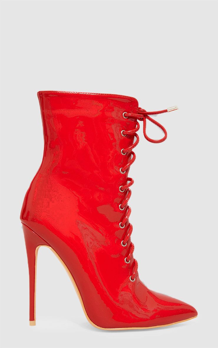 Red Vinyl Lace Up Heeled Boot | PrettyLittleThing USA