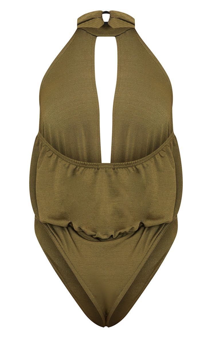 Shape Khaki Slinky High Neck Cut Out Bodysuit | PrettyLittleThing