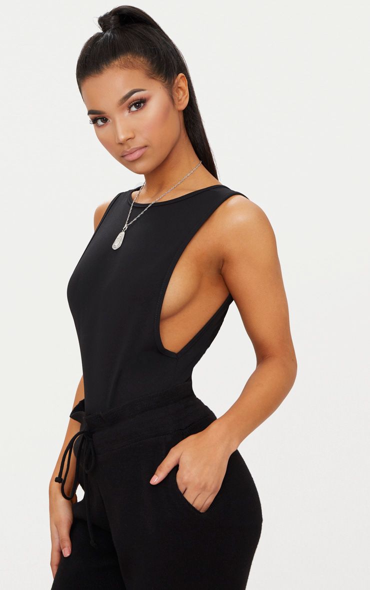 Black Crepe Side Boob Thong Bodysuit | Tops | PrettyLittleThing USA