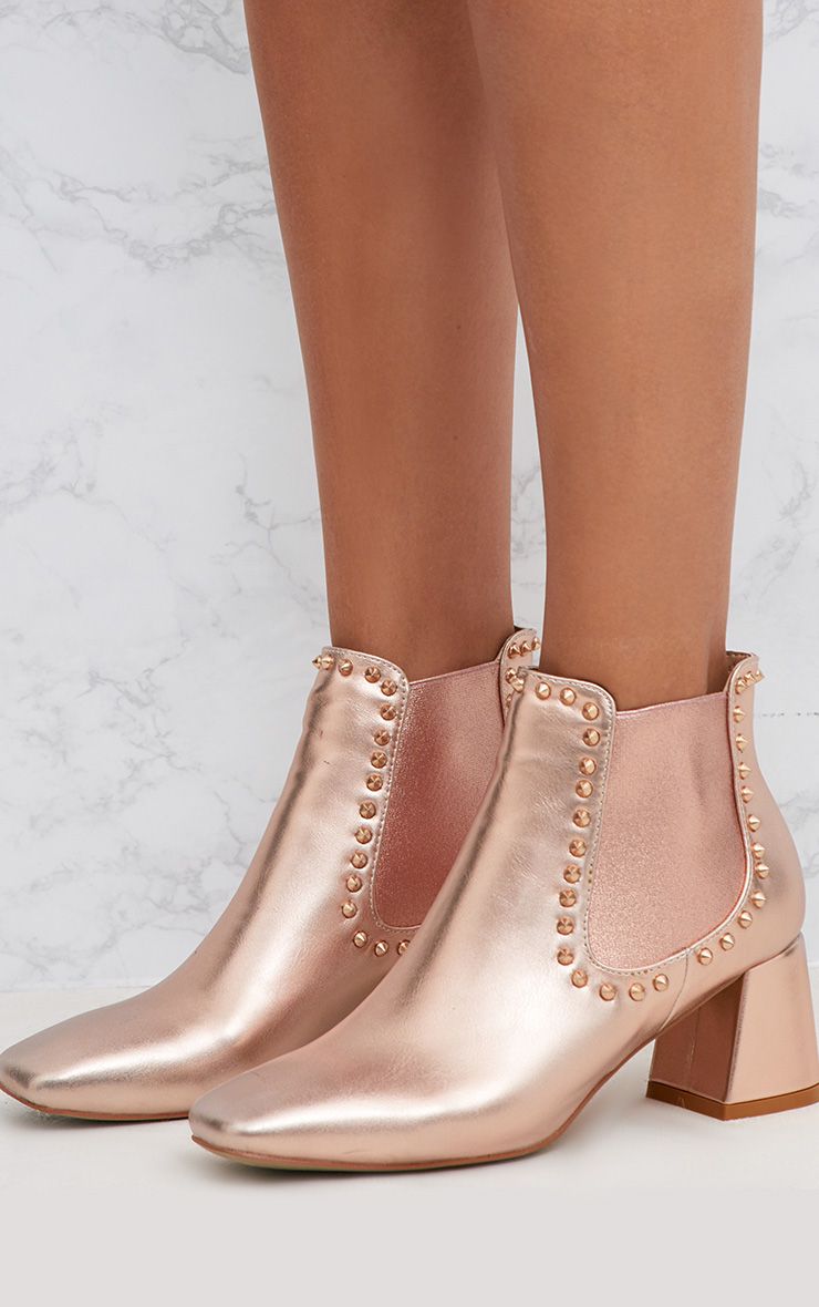 Rose Gold Studded Block Heeled Ankle Boots | PrettyLittleThing